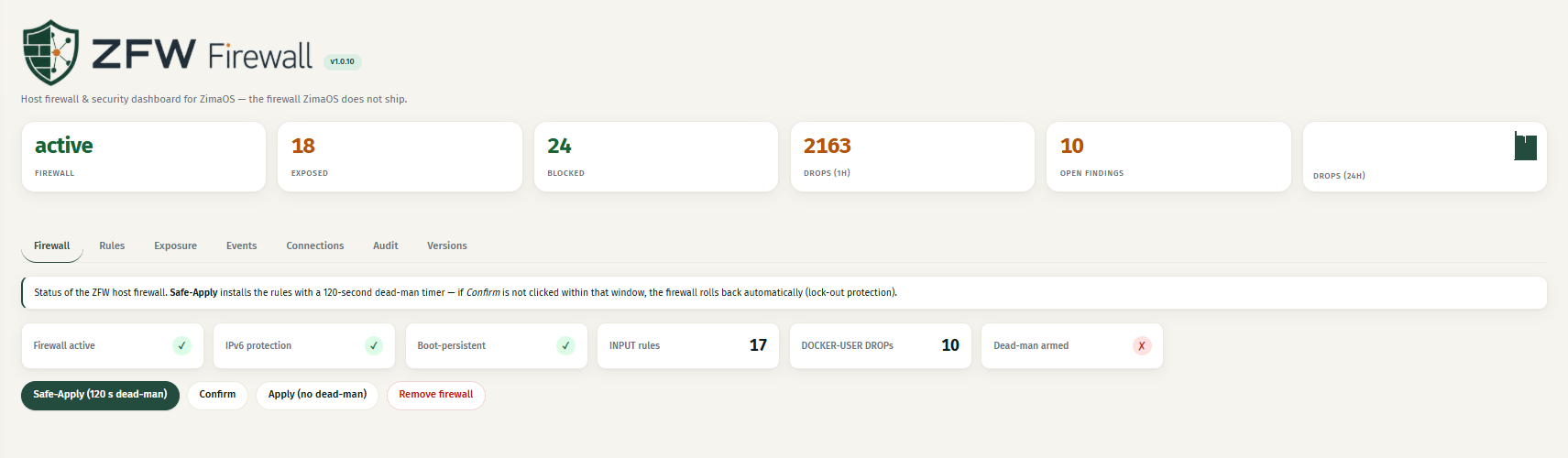 [Module] ZFW v1.0.10 — host firewall as a ZimaOS dashboard tile ...